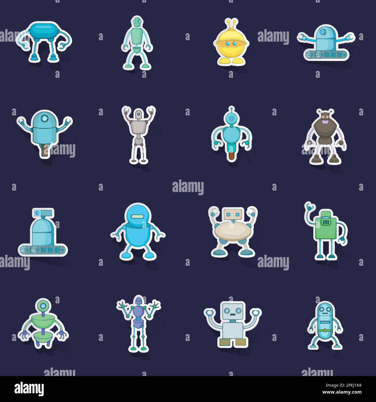 Robot icons set stikers collection vector with shadow on purple ...
