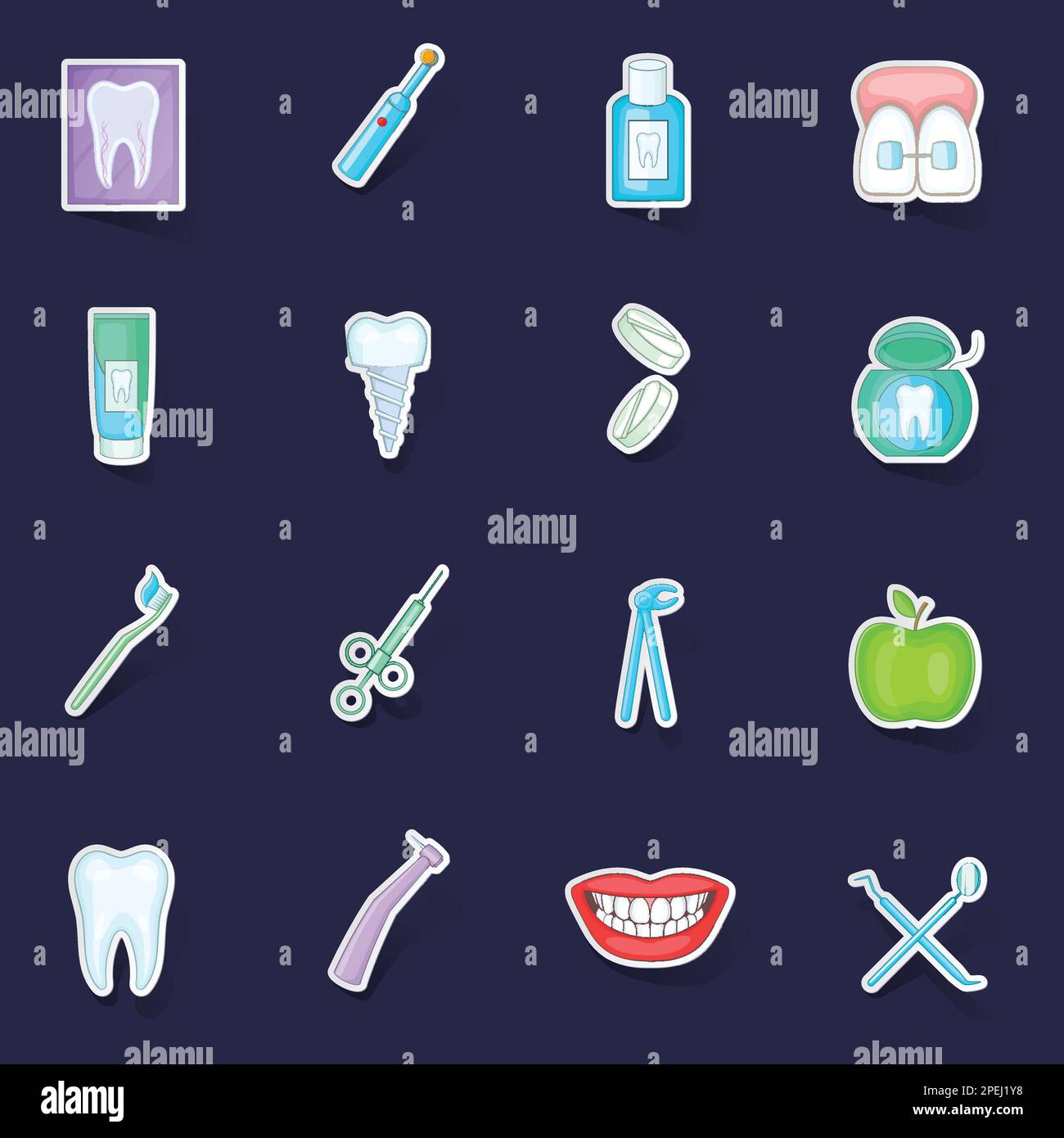 Dentist icons set stikers collection vector with shadow on purple ...