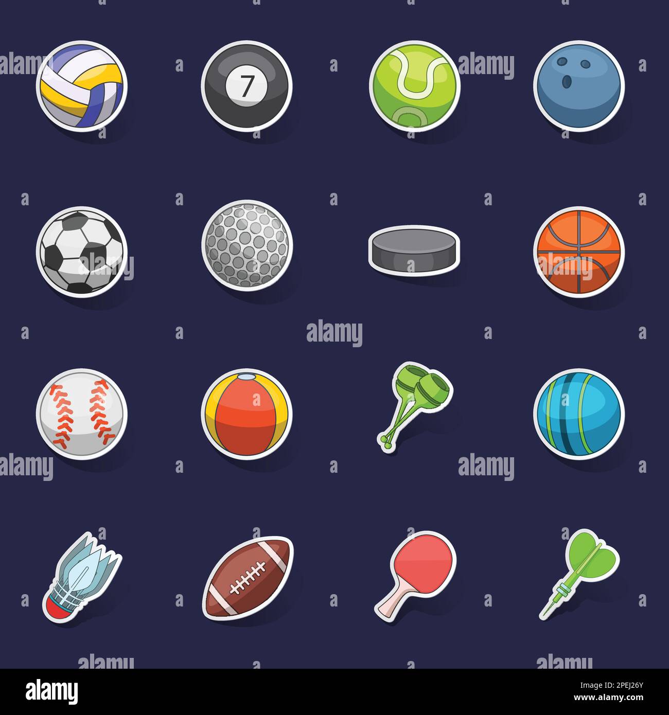 Sport balls icons set stikers collection vector with shadow on purple ...