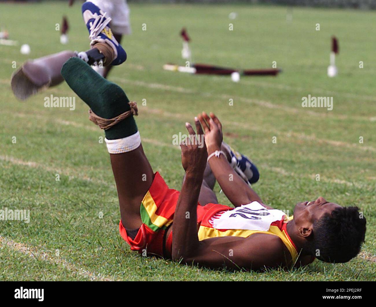 A Disabled soldiers of Sri Lanka Army loses his artificial limb during ...