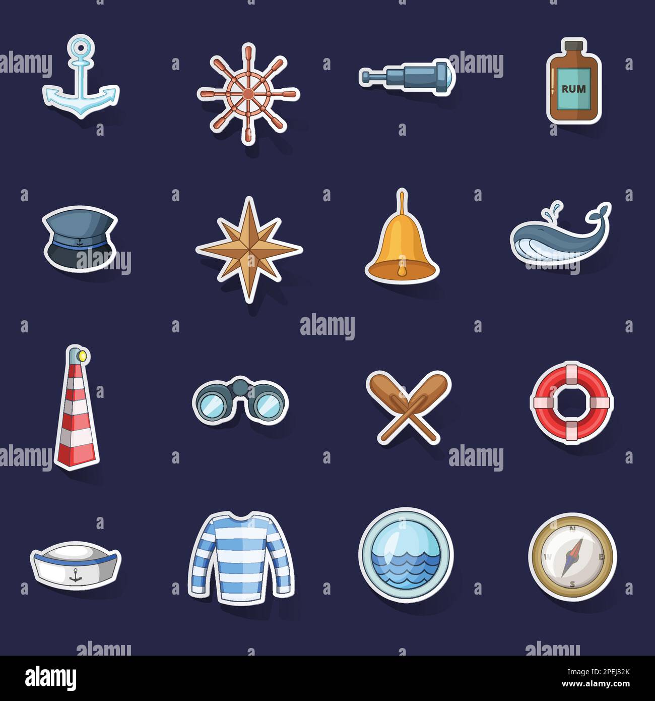 Nautical icons set stikers collection vector with shadow on purple ...