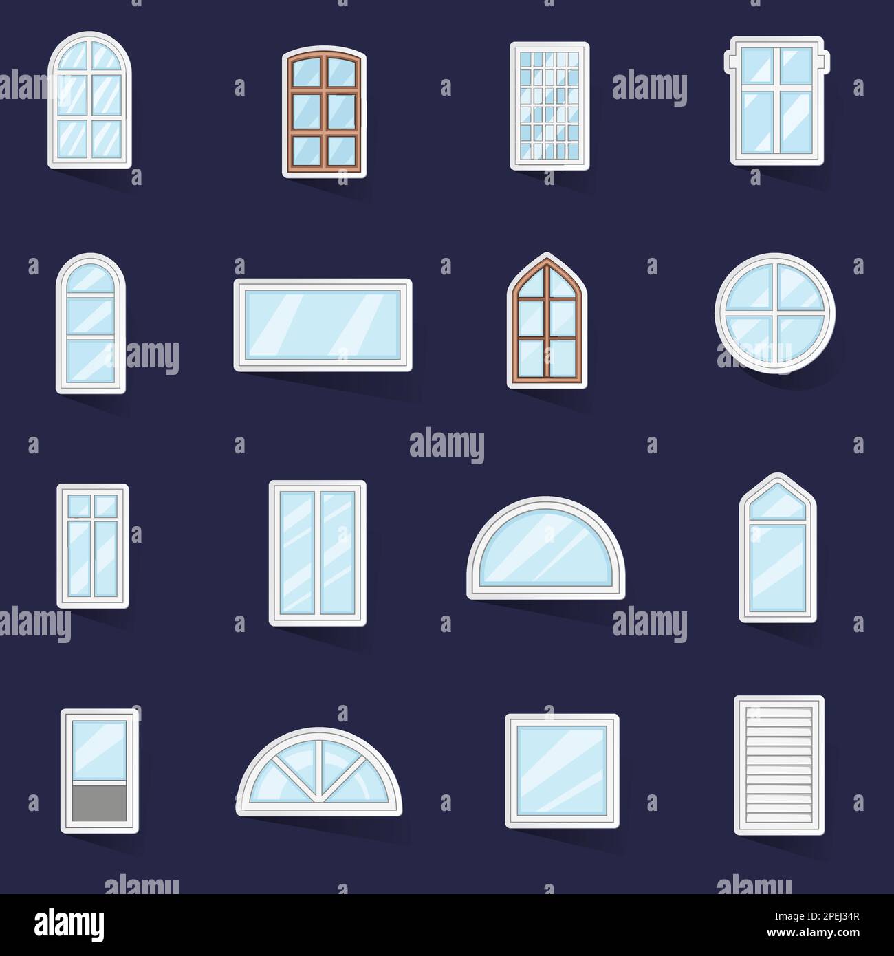 Window design types icons set stikers collection vector with shadow on ...
