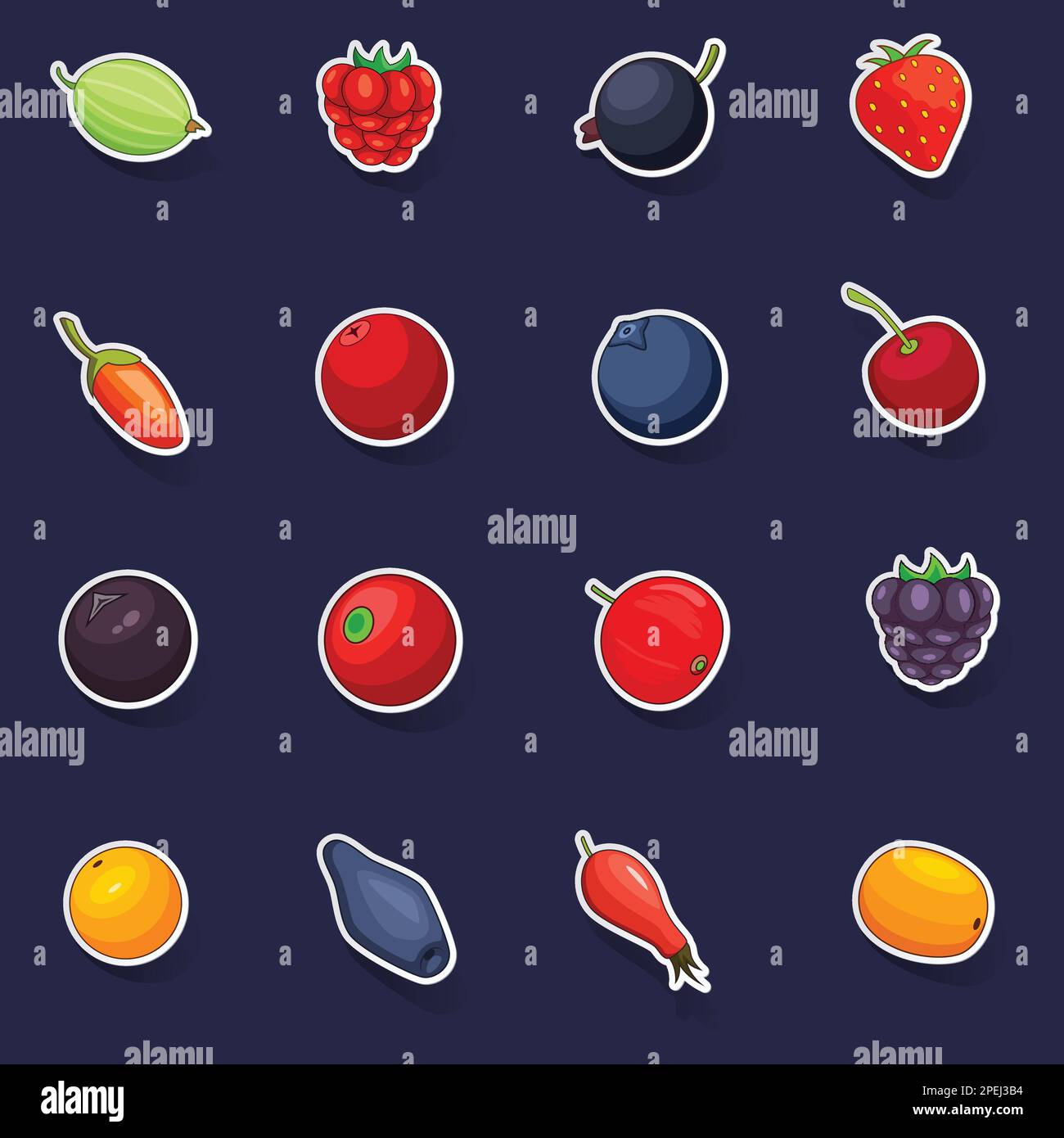 Berries icons set stikers collection vector with shadow on purple ...