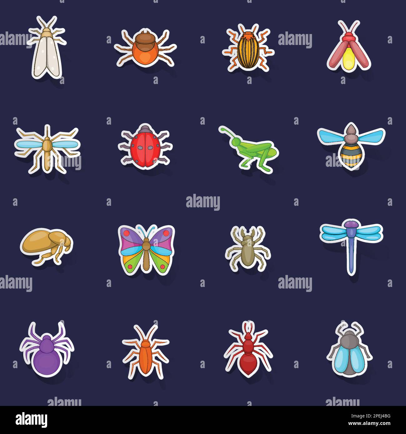 Insects icons set stikers collection vector with shadow on purple ...