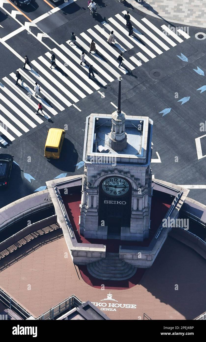 An aerial photo shows Ginza area in Chuo Ward, Tokyo on March 16, 2023 ...
