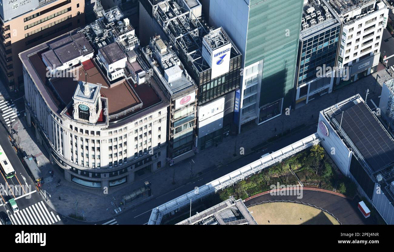 An aerial photo shows Ginza area in Chuo Ward, Tokyo on March 16, 2023 ...