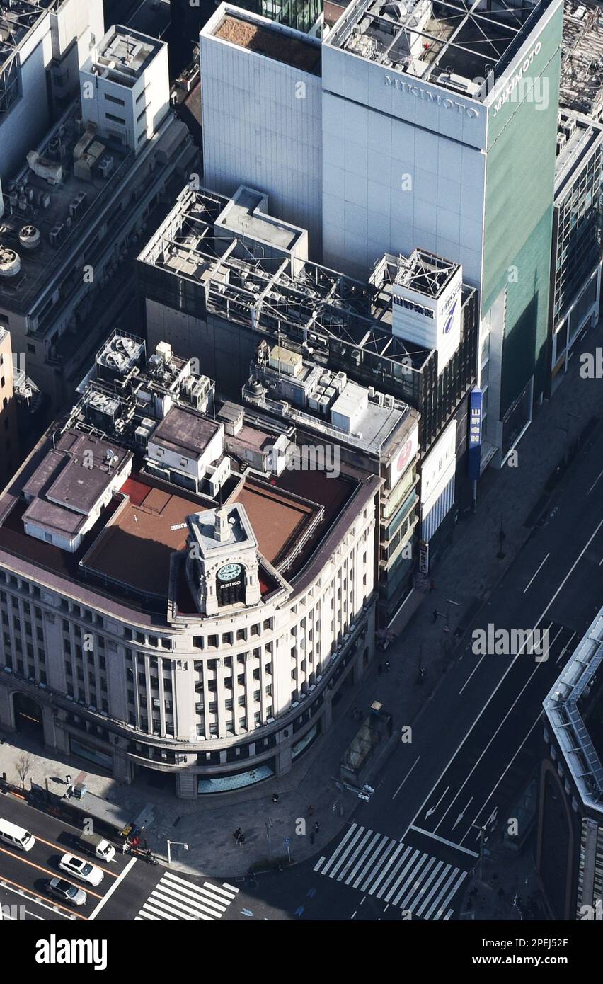 An aerial photo shows Ginza area in Chuo Ward, Tokyo on March 16, 2023 ...