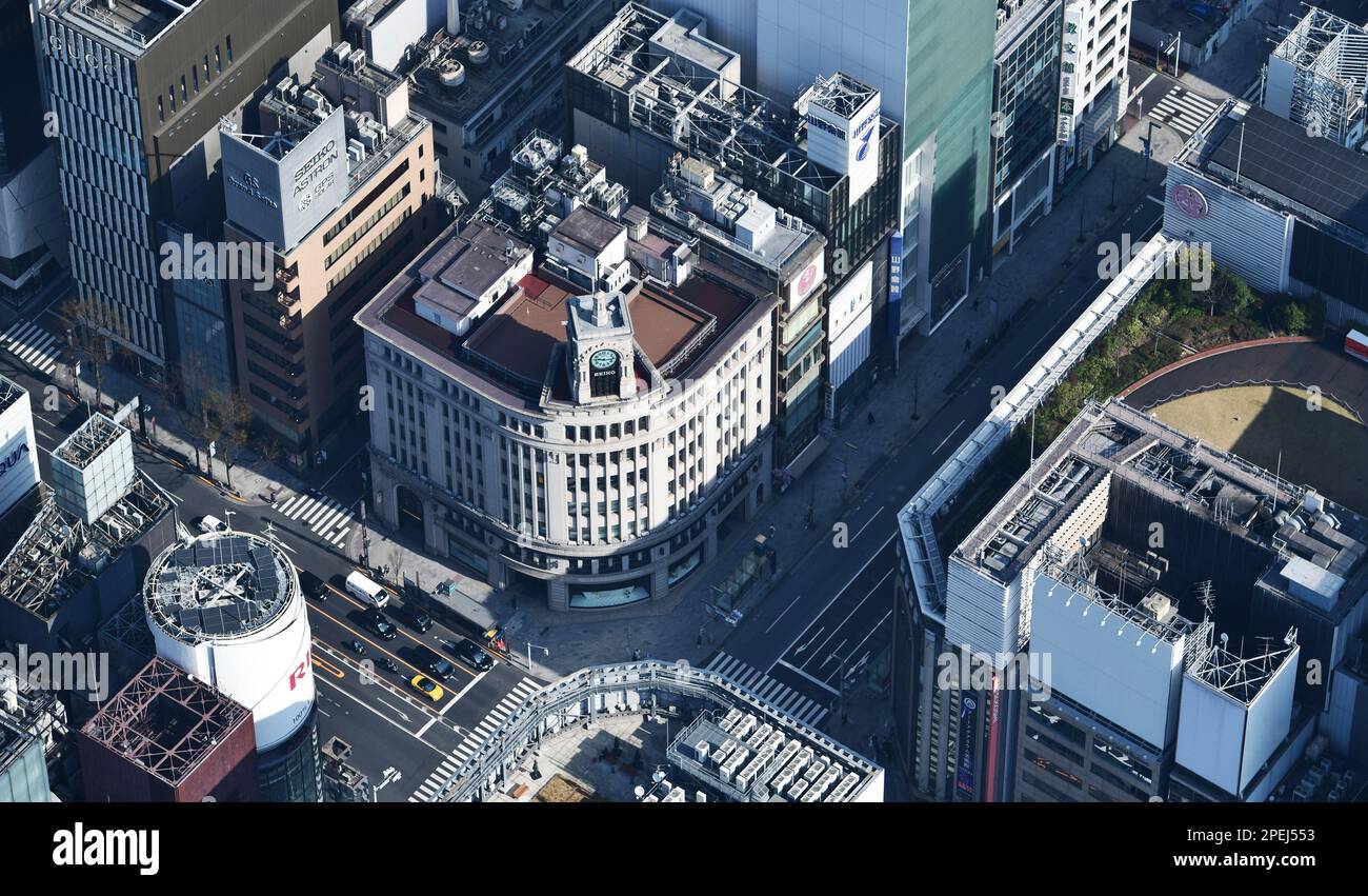 An aerial photo shows Ginza area in Chuo Ward, Tokyo on March 16, 2023 ...