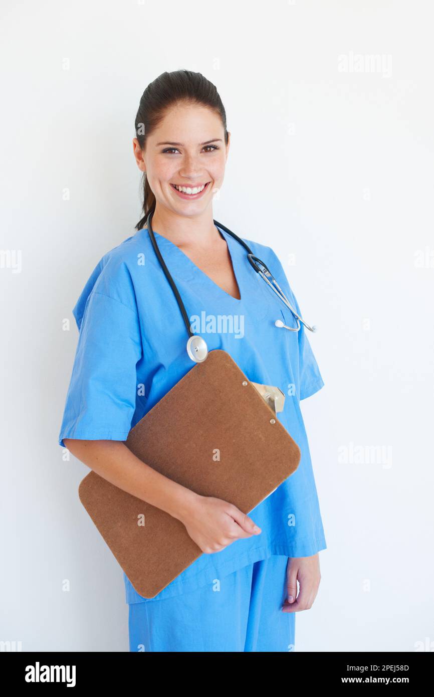 Studio portrait, happy and nurse with clipboard checklist for nursing ...