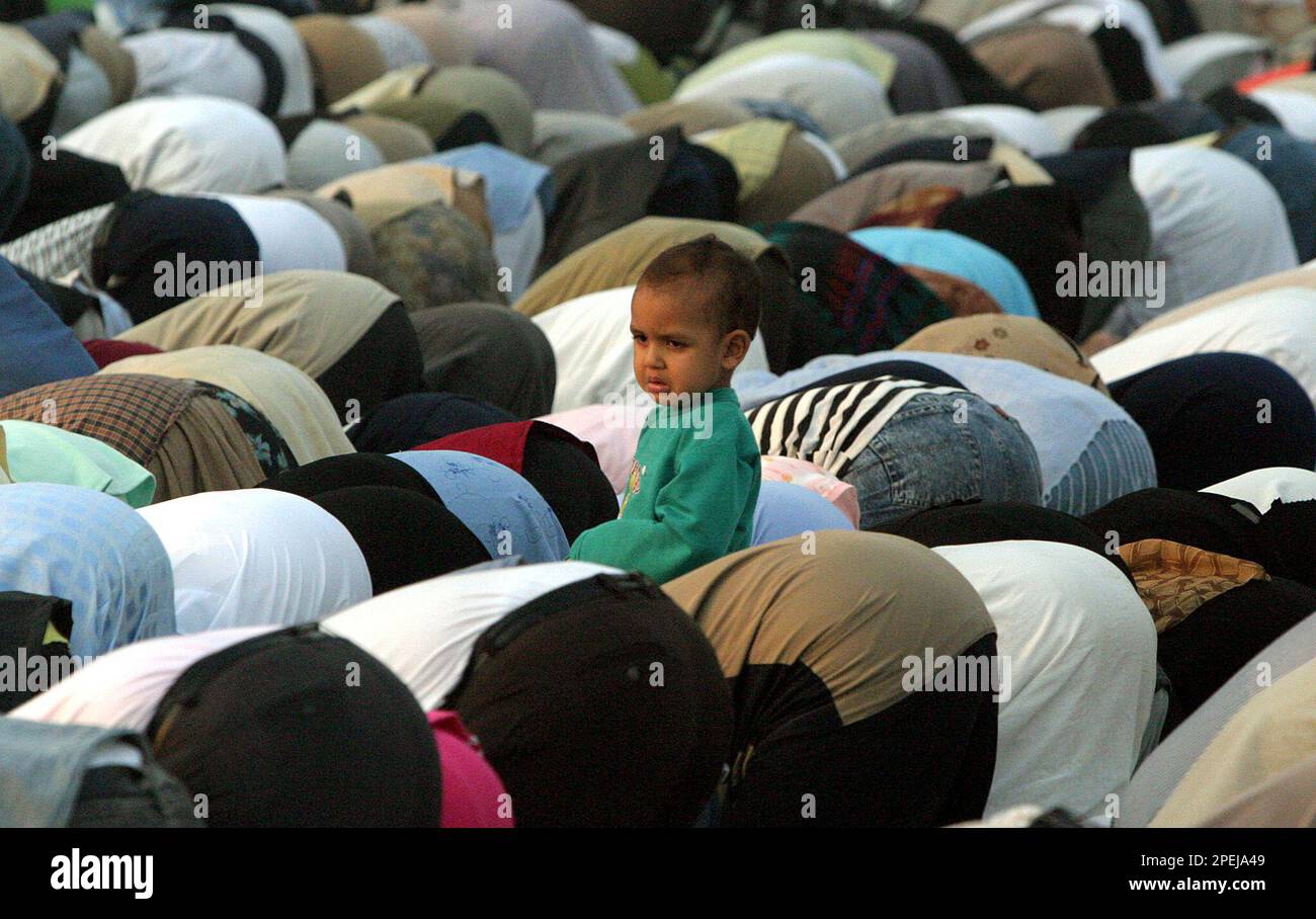 A young Muslim child sits as Egyptian Muslims offer Eid al-Fitr morning ...