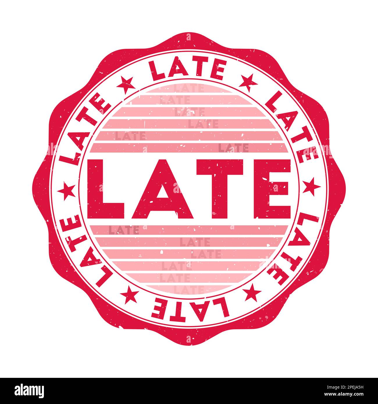 Late badge. Grunge word round stamp with texture in Red Herring color ...