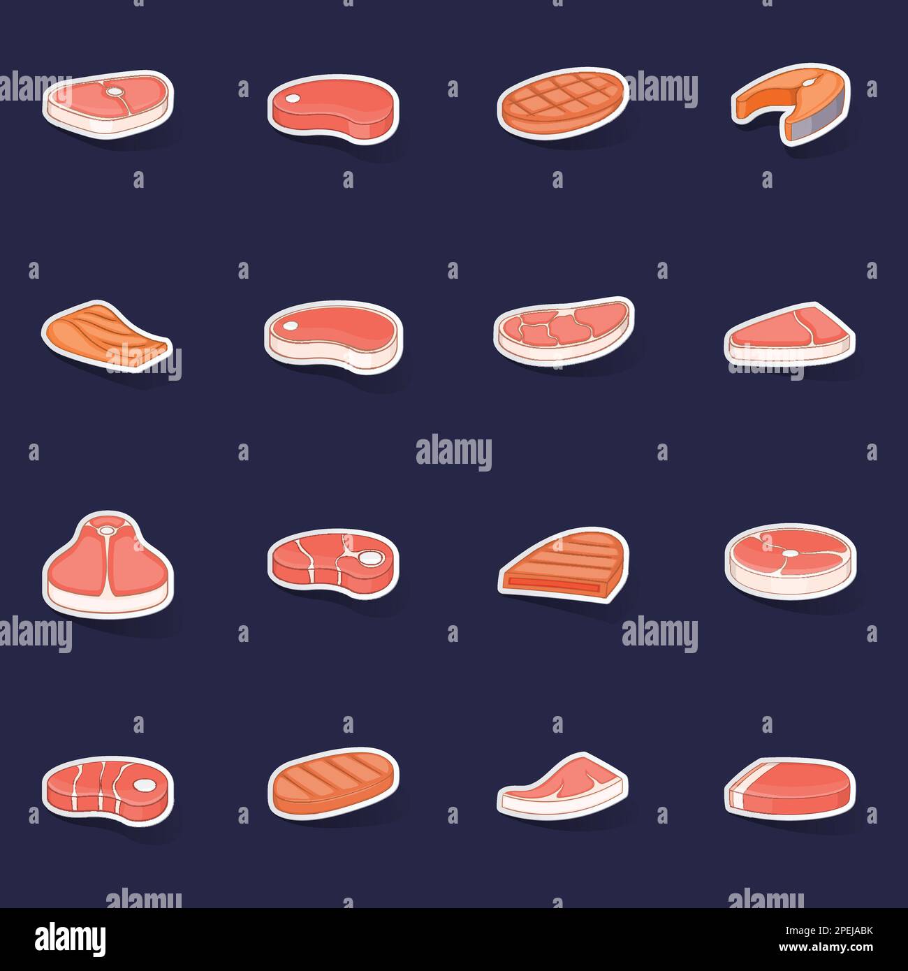 Steak icons set stikers collection vector with shadow on purple ...