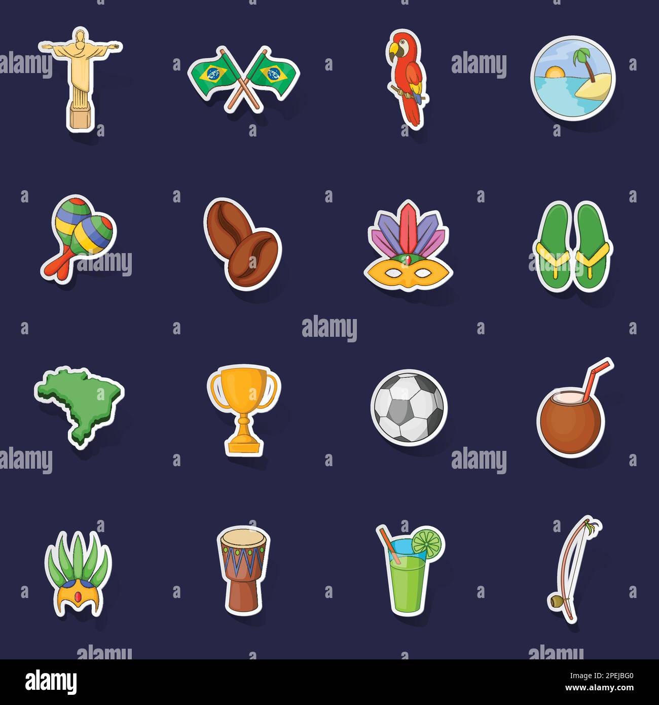Brazil travel icons set stikers collection vector with shadow on purple ...