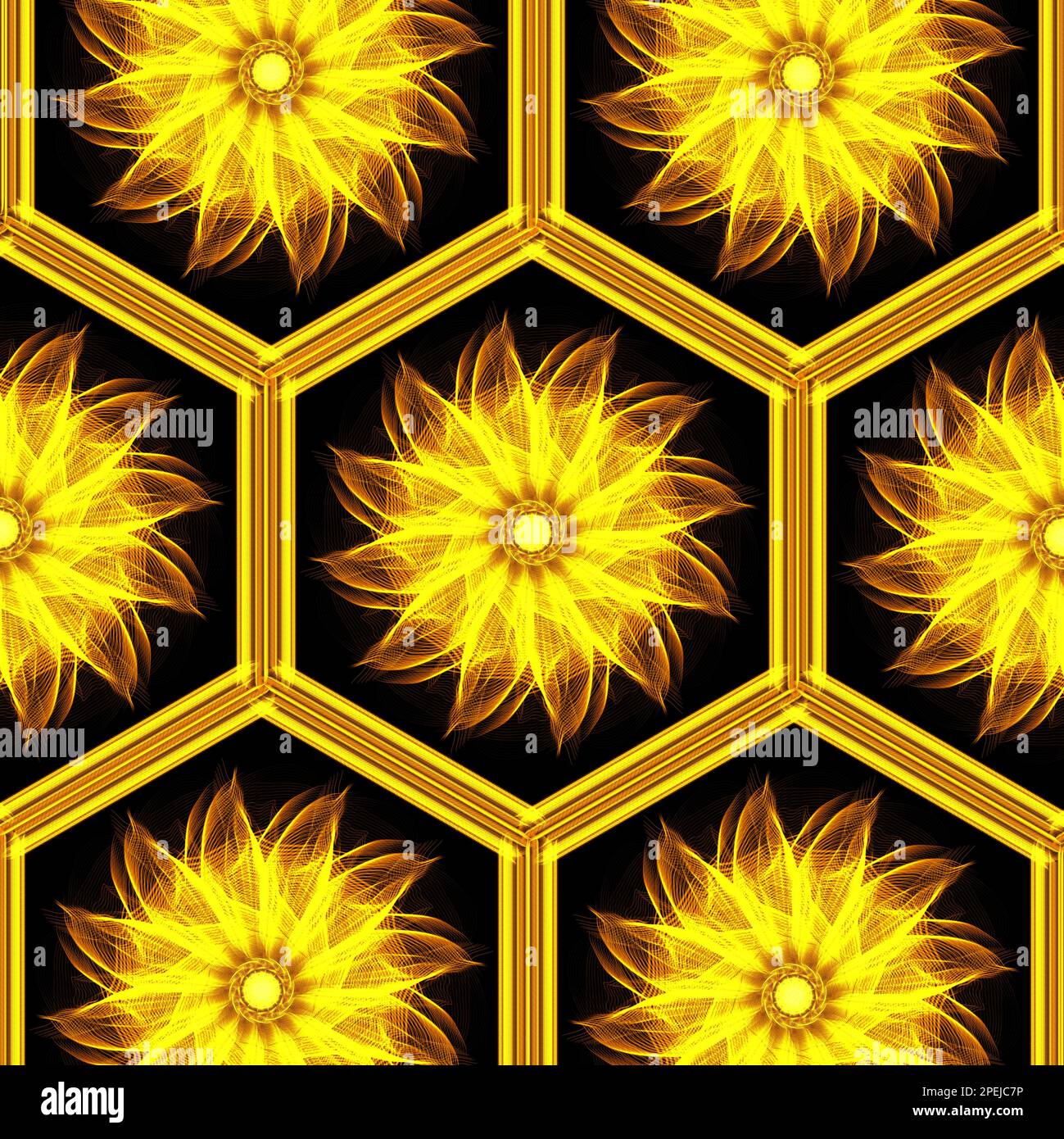 Modern futuristic glowing golden yellow floral repeat pattern with flowers inside golden ...