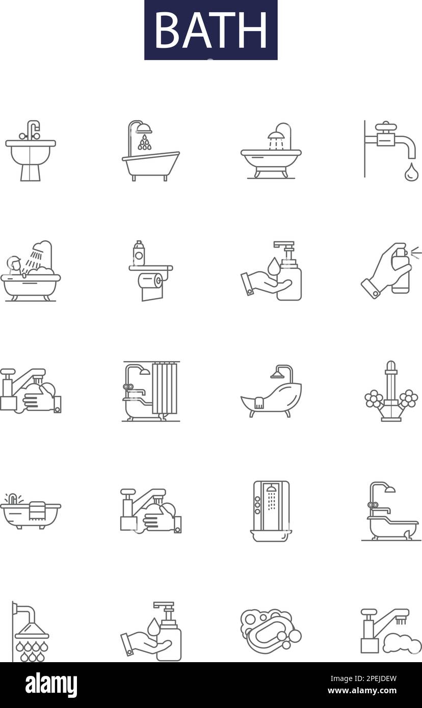 Bath line vector icons and signs. Tub, Shower, Mat, Towels, Room ...