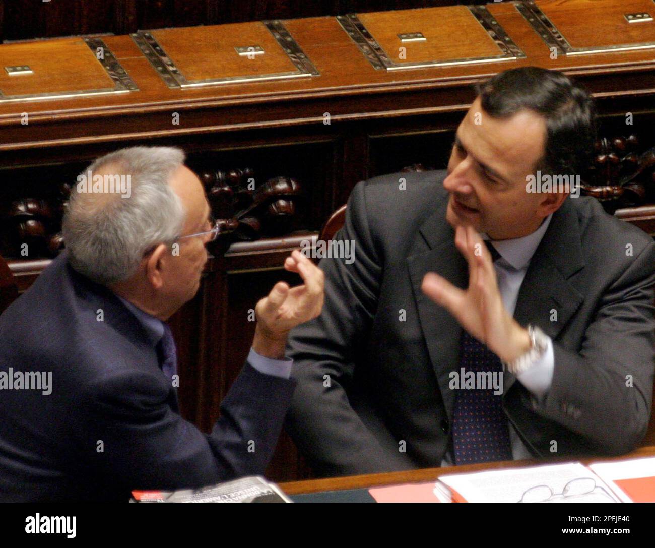 Franco Frattini, right, talks with Cesare Previti at the Italian ...