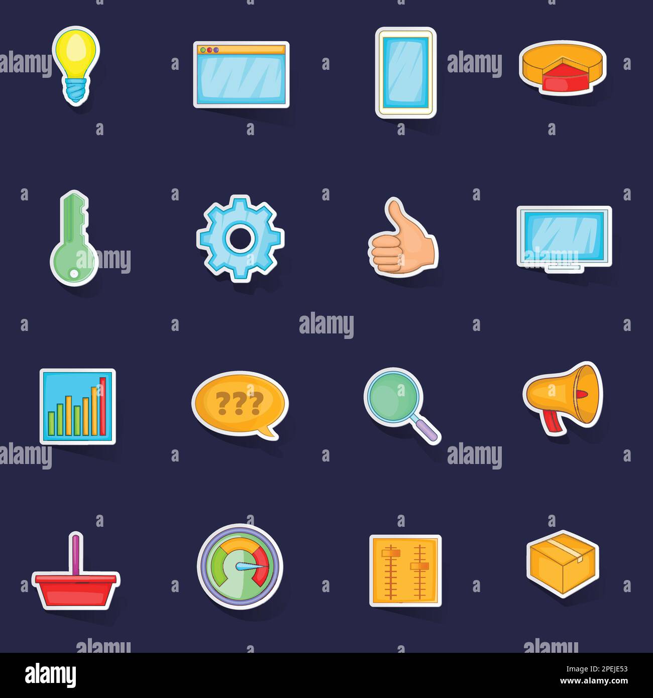 Marketing icons set stikers collection vector with shadow on purple ...