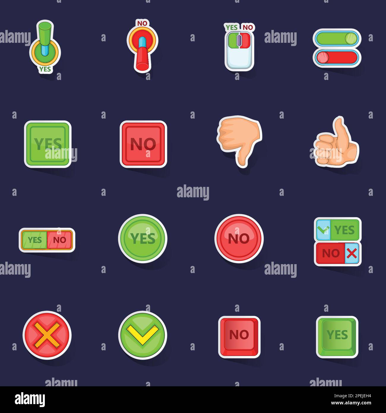 Yes no icons set stikers collection vector with shadow on purple ...