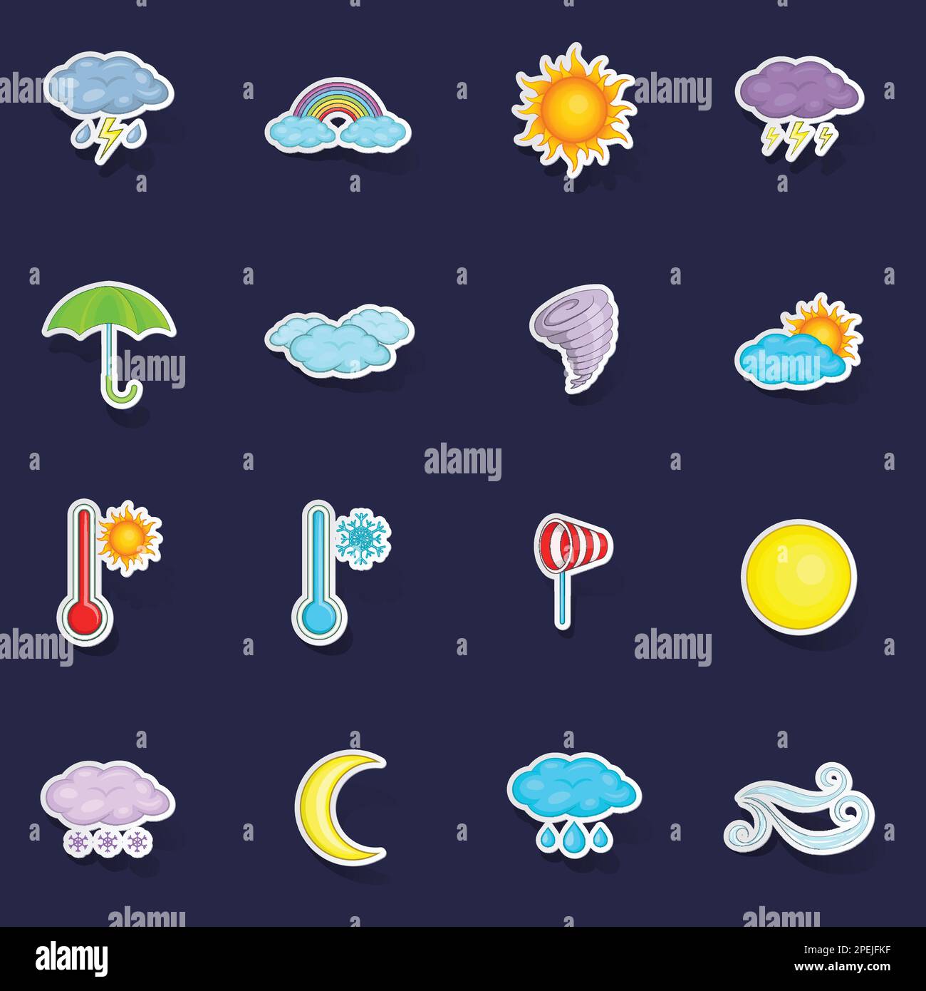 Weather icons set stikers collection vector with shadow on purple ...