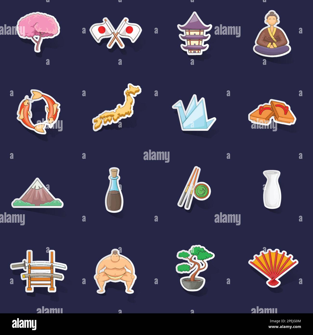 Japan icons set stikers collection vector with shadow on purple ...