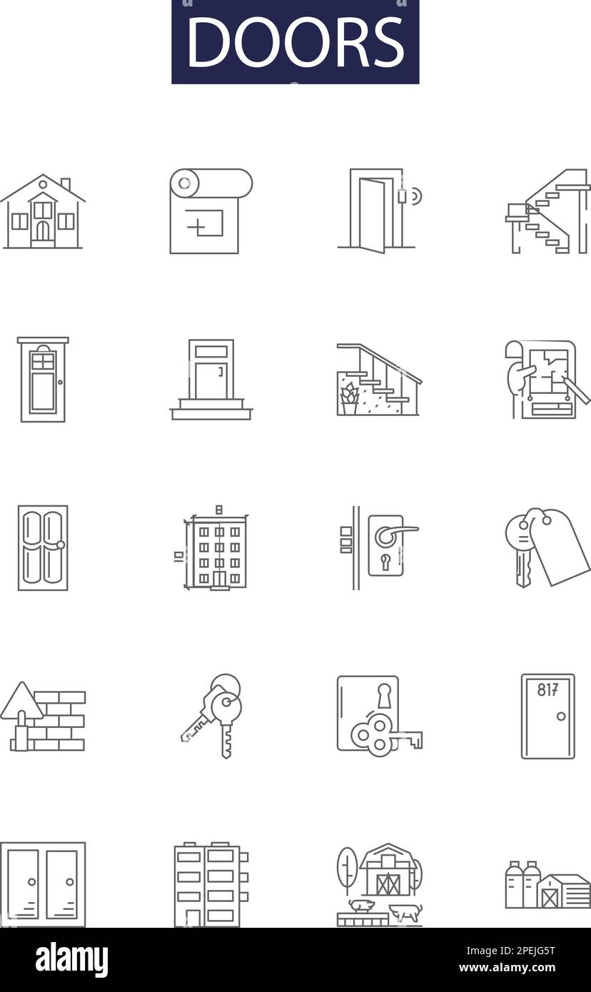 Doors line vector icons and signs. Entrance, Exit, Entry, Portal, Divide, Open, Close, Lock ...