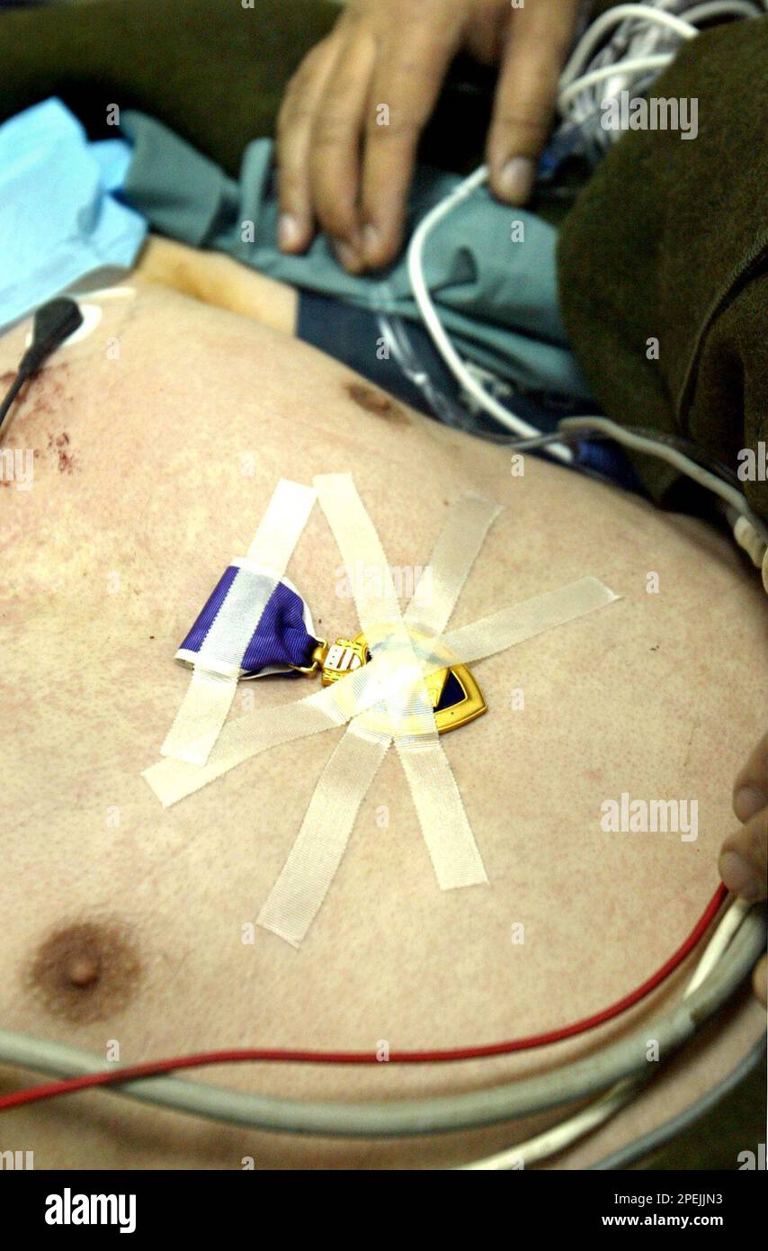 A purple heart medal is taped to the chest of an unidentified American ...