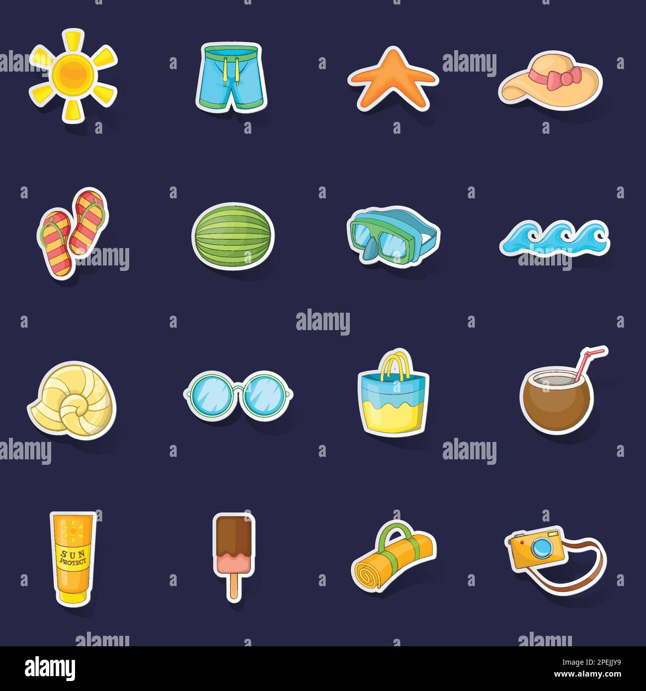 Summer items icons set stikers collection vector with shadow on purple ...