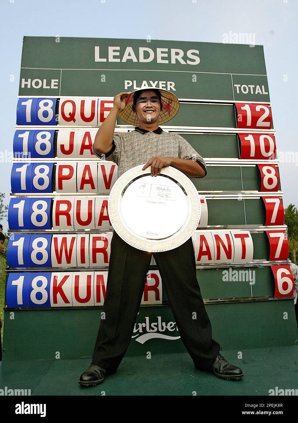 Angelo Que from the Philippines displays his trophy in front of the ...