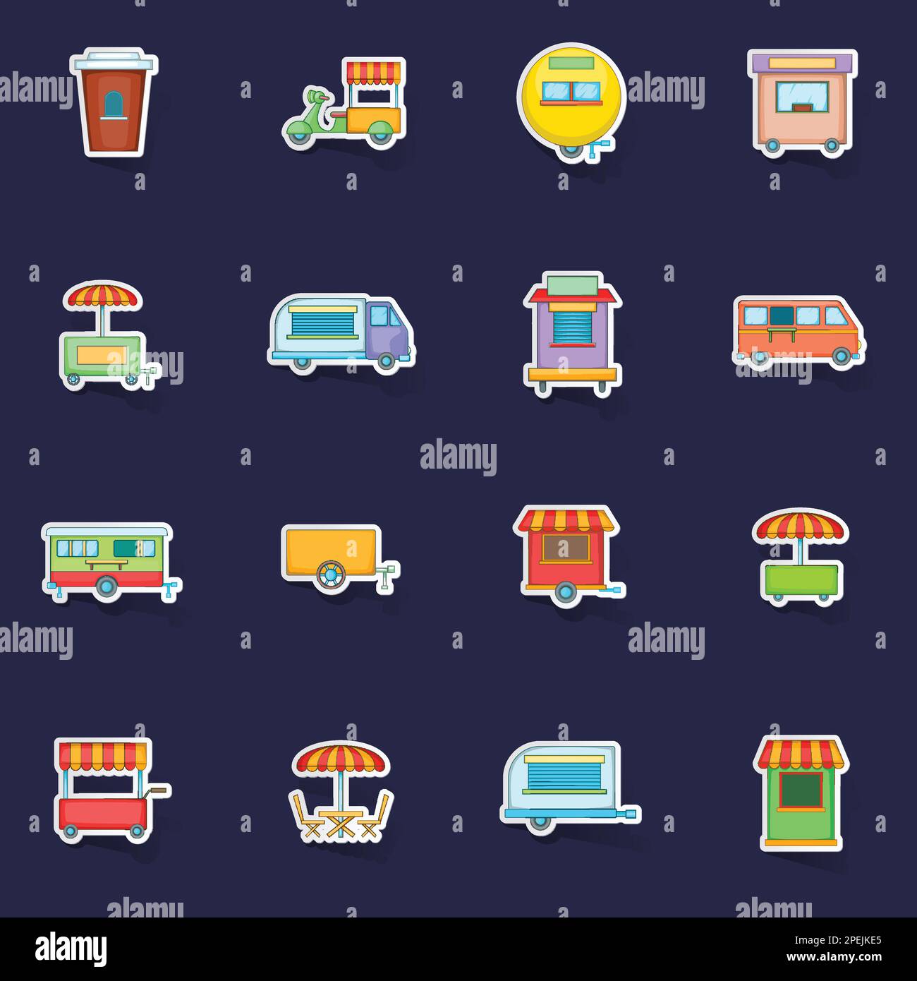 Street food kiosk vehicle icons set stikers collection vector with ...