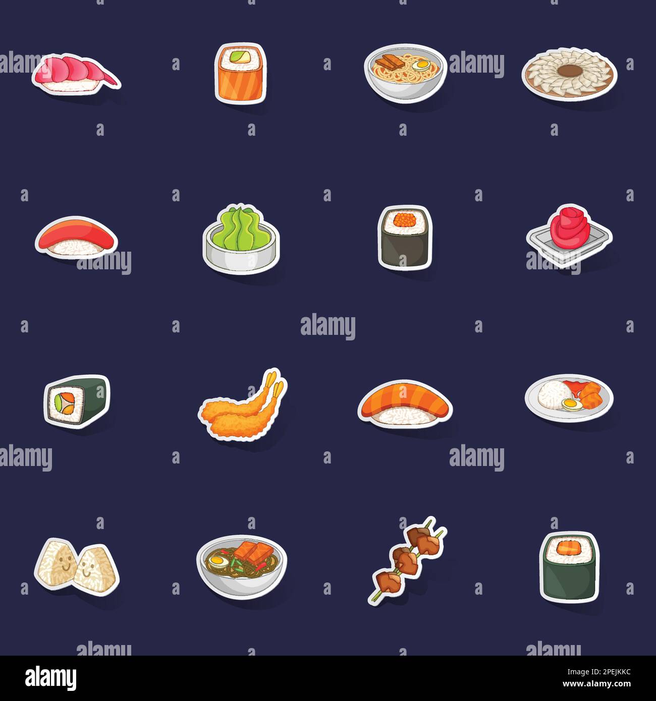 Japanese food icons set stikers collection vector with shadow on purple ...