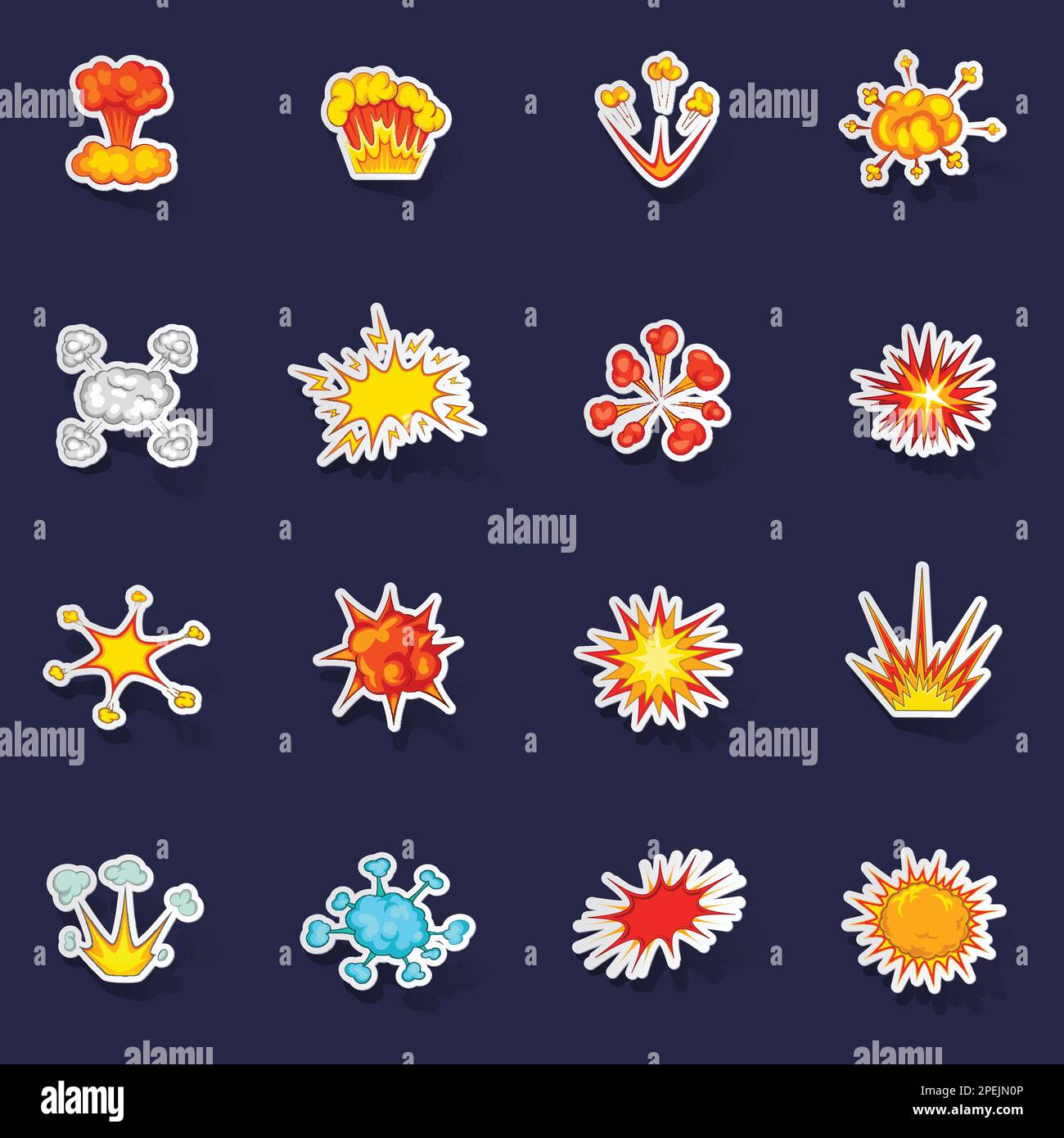 Explosion icons set stikers collection vector with shadow on purple ...