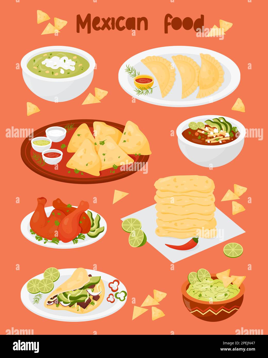 Set Mexican food Quesadilla, Taco, Empanadas, corn tortillas, Achiote ...