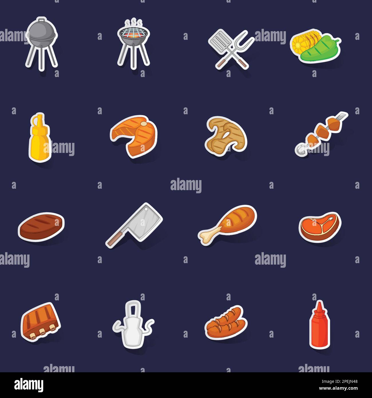 BBQ icons set stikers collection vector with shadow on purple ...