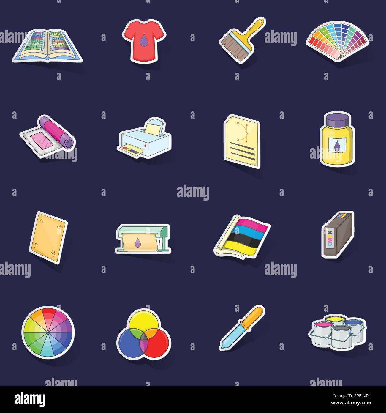 Print process icons set stikers collection vector with shadow on purple ...