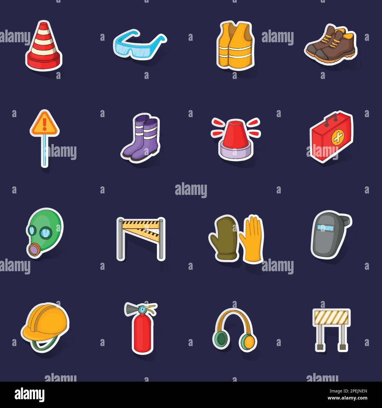 Safety work icons set stikers collection vector with shadow on purple ...