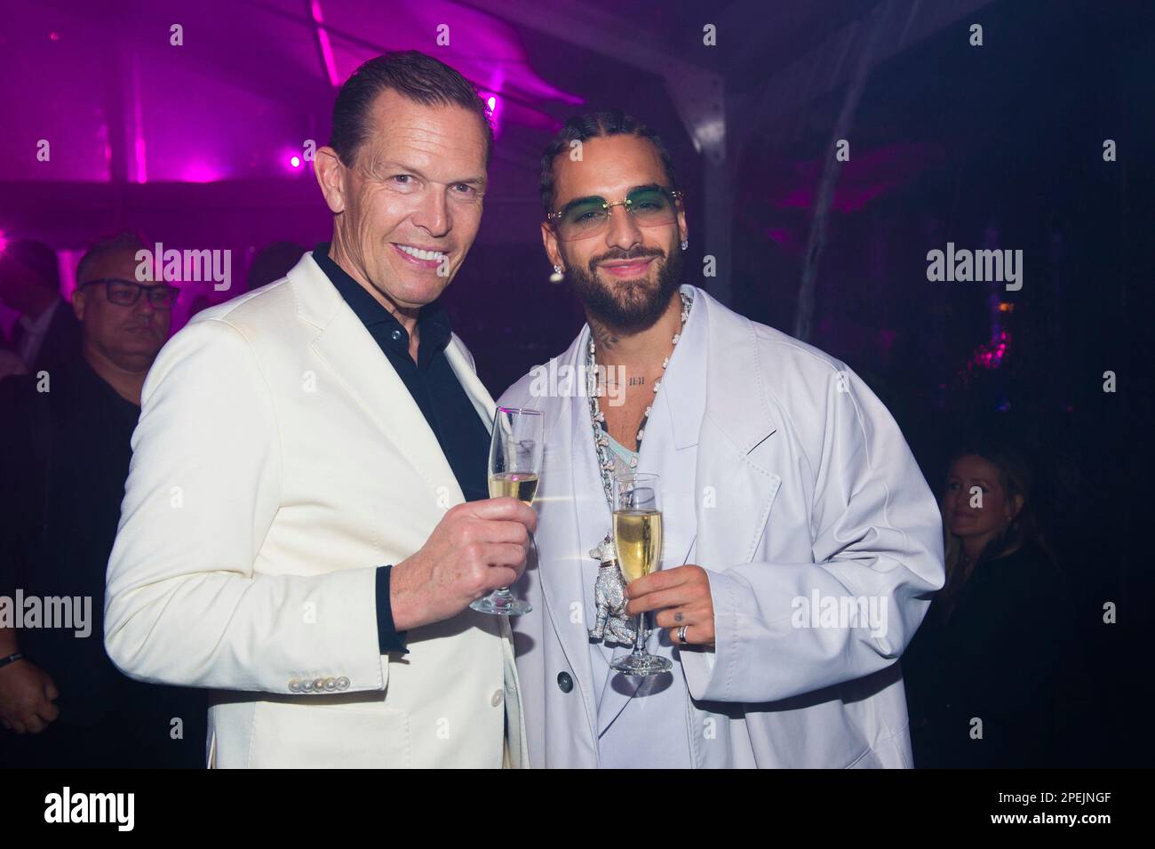 Daniel Grieder, left, and Maluma attend the Boss Spring/Summer 2023 ...