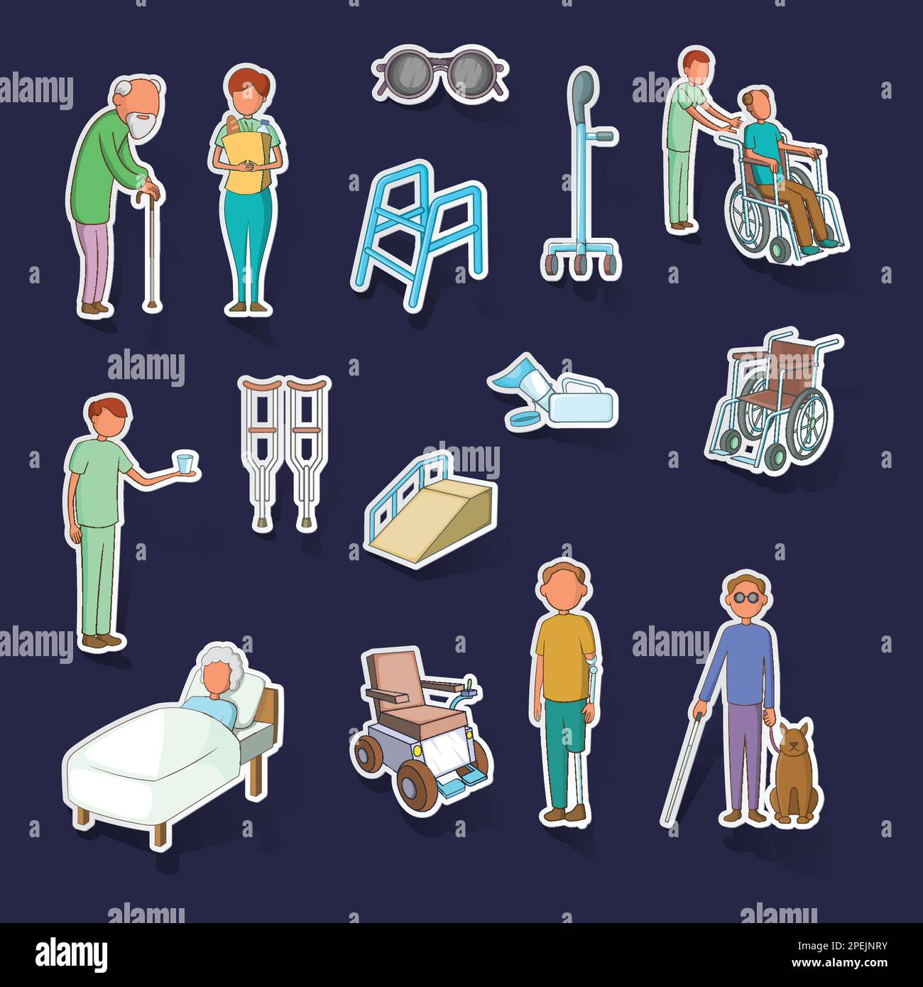 Disability people care icons set stikers collection vector with shadow ...