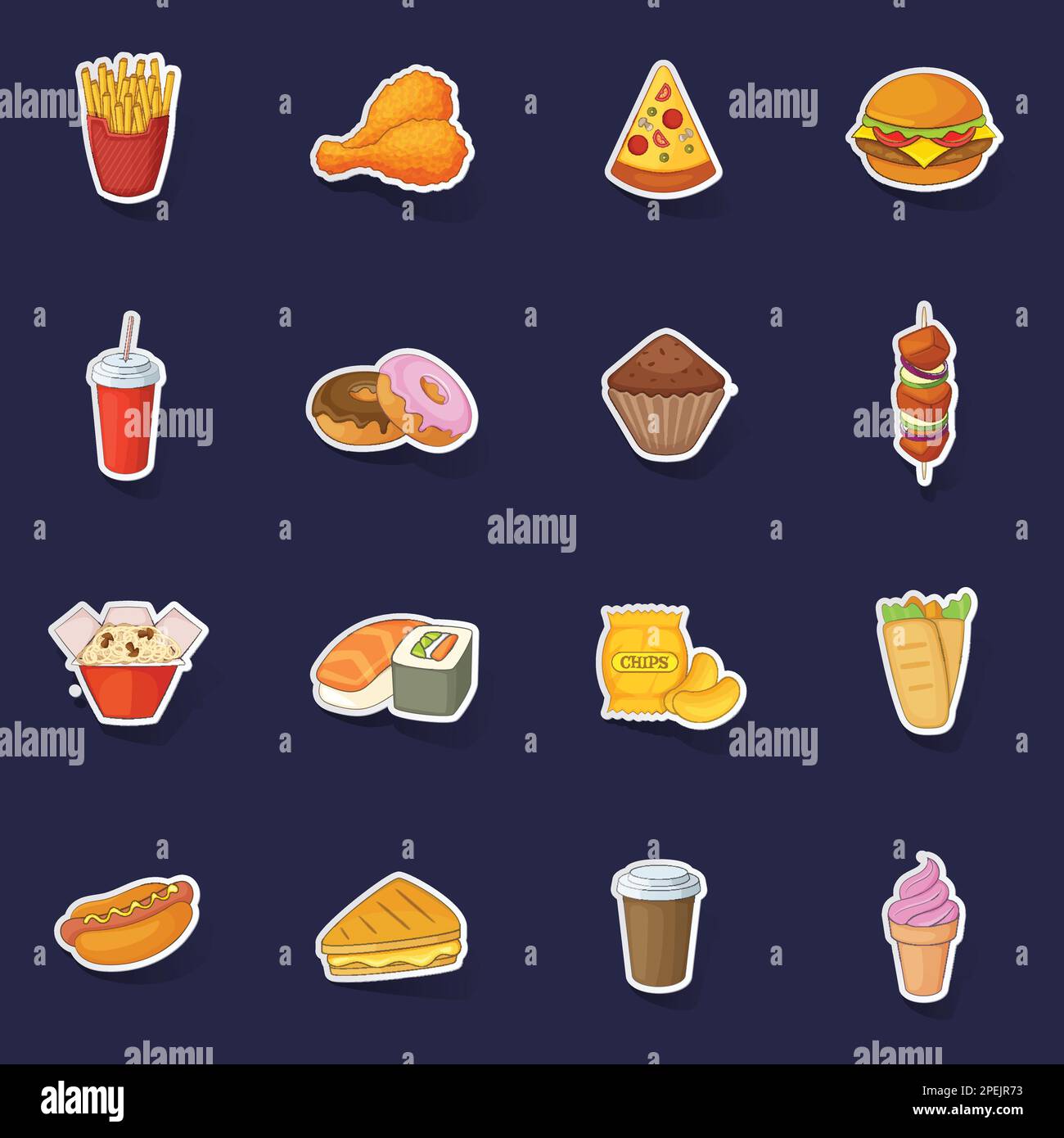 Fast food icons set stikers collection vector with shadow on purple ...