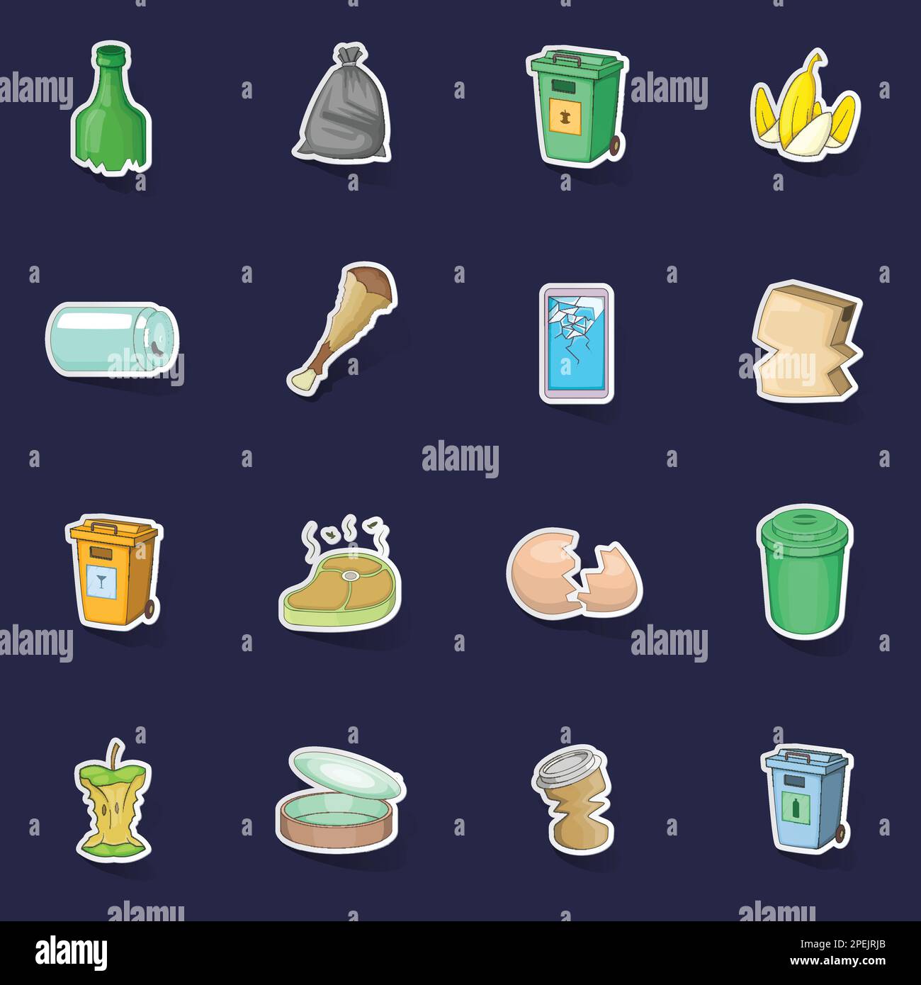 Garbage items icons set stikers collection vector with shadow on purple ...