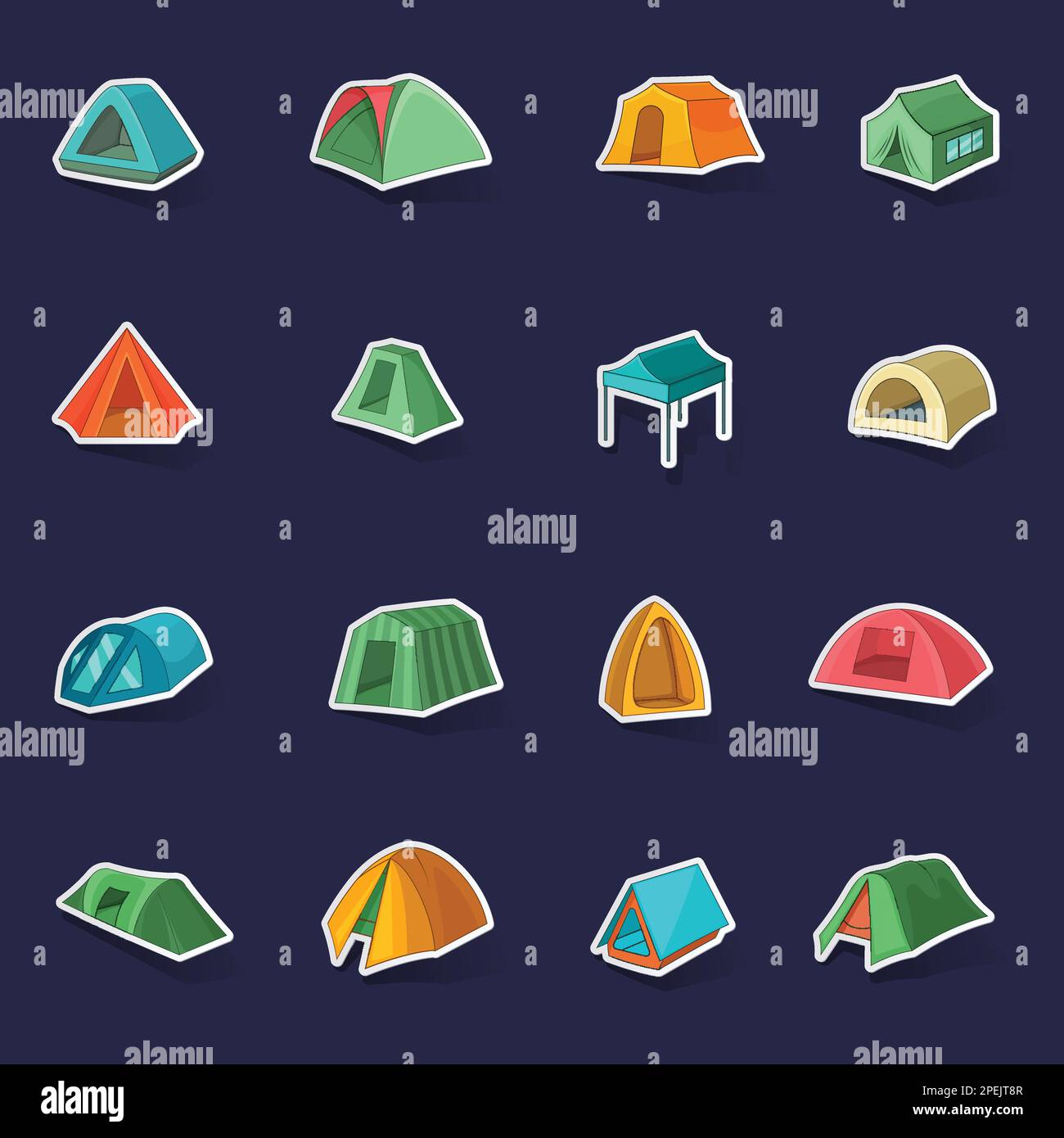 Tent forms icons set stikers collection vector with shadow on purple ...