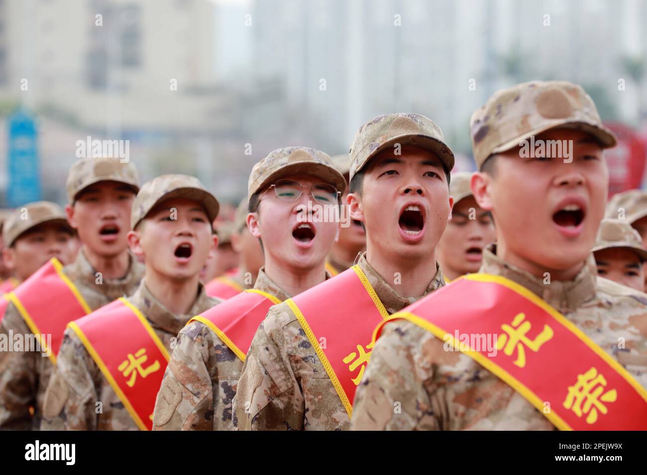 LIUZHOU, CHINA - MARCH 16, 2023 - New soldiers sing a military song at ...