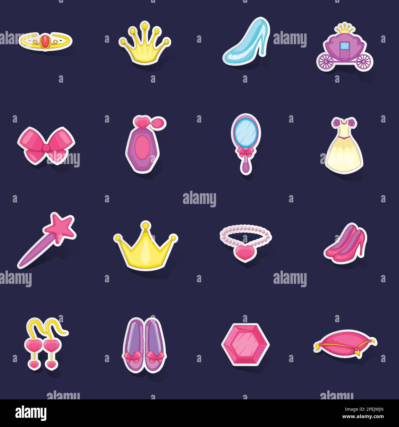 Princess doll icons set stikers collection vector with shadow on purple ...
