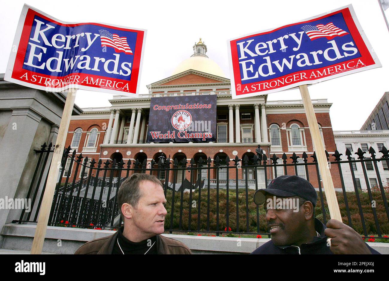 Kerry-Edwards suporters, William DeMontigny, left, of Boston, and John ...