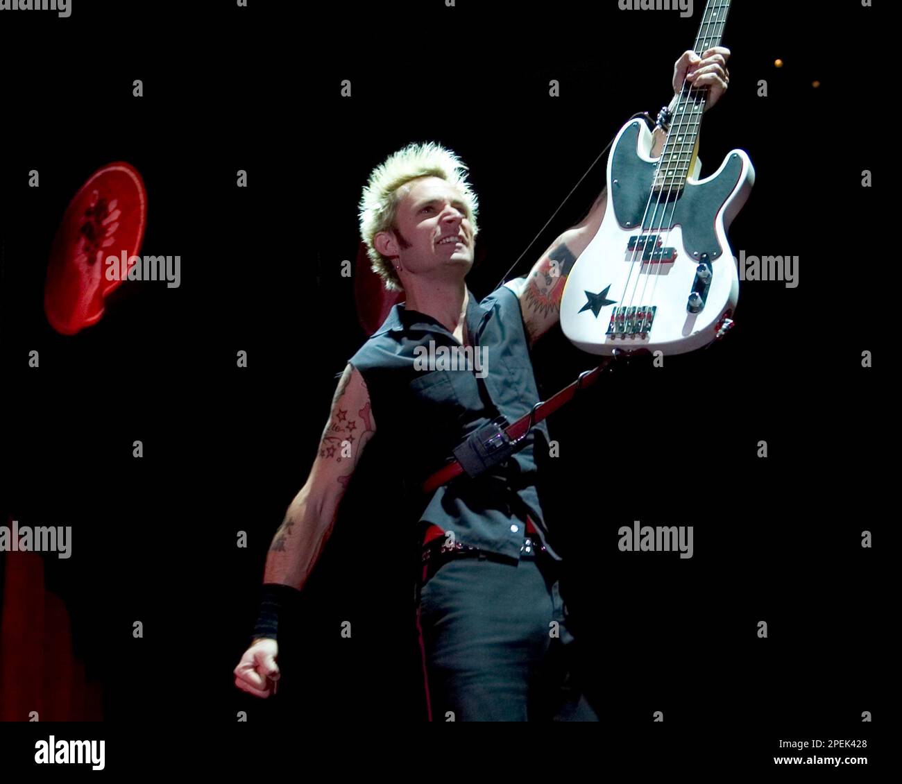 Rock band Green Day bass guitarist Mike Dirnt performs at the Worcester ...