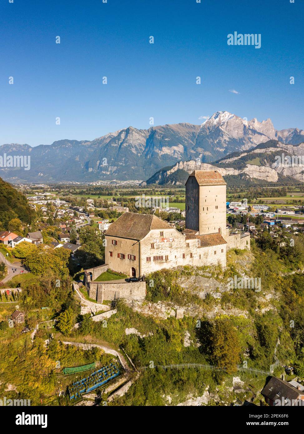 Sargans, Switzerland - September 16. 2021: Aeiral image of the medieval ...