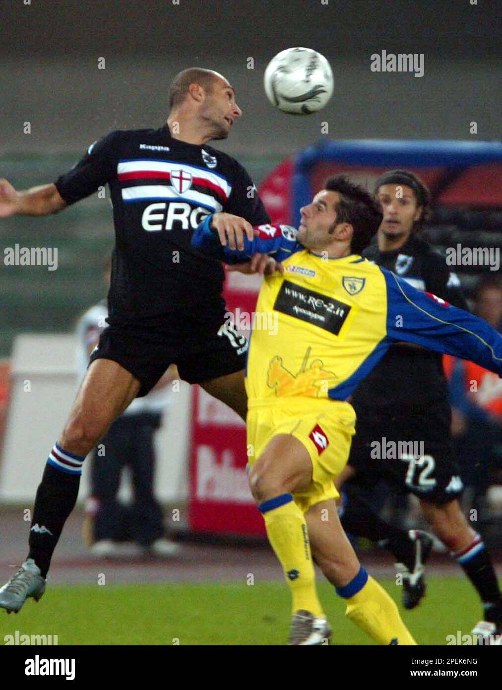Sampdoria of Genoa defender Giulio Falcone, left, jumps higher then ...