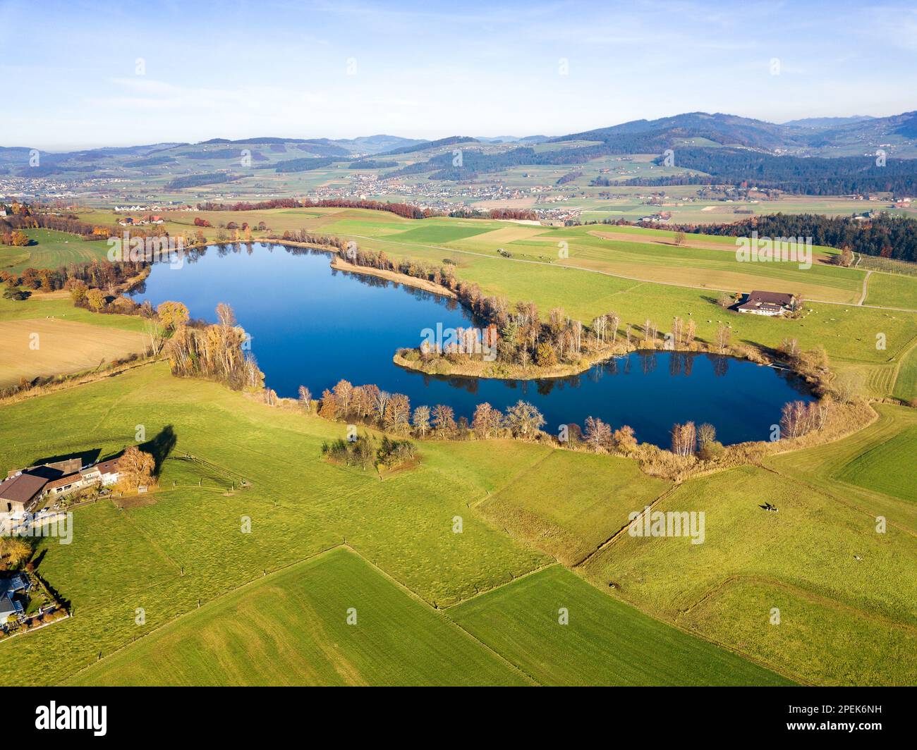Panorama aerial image of the Gerzensee Lake and village in Bern ...