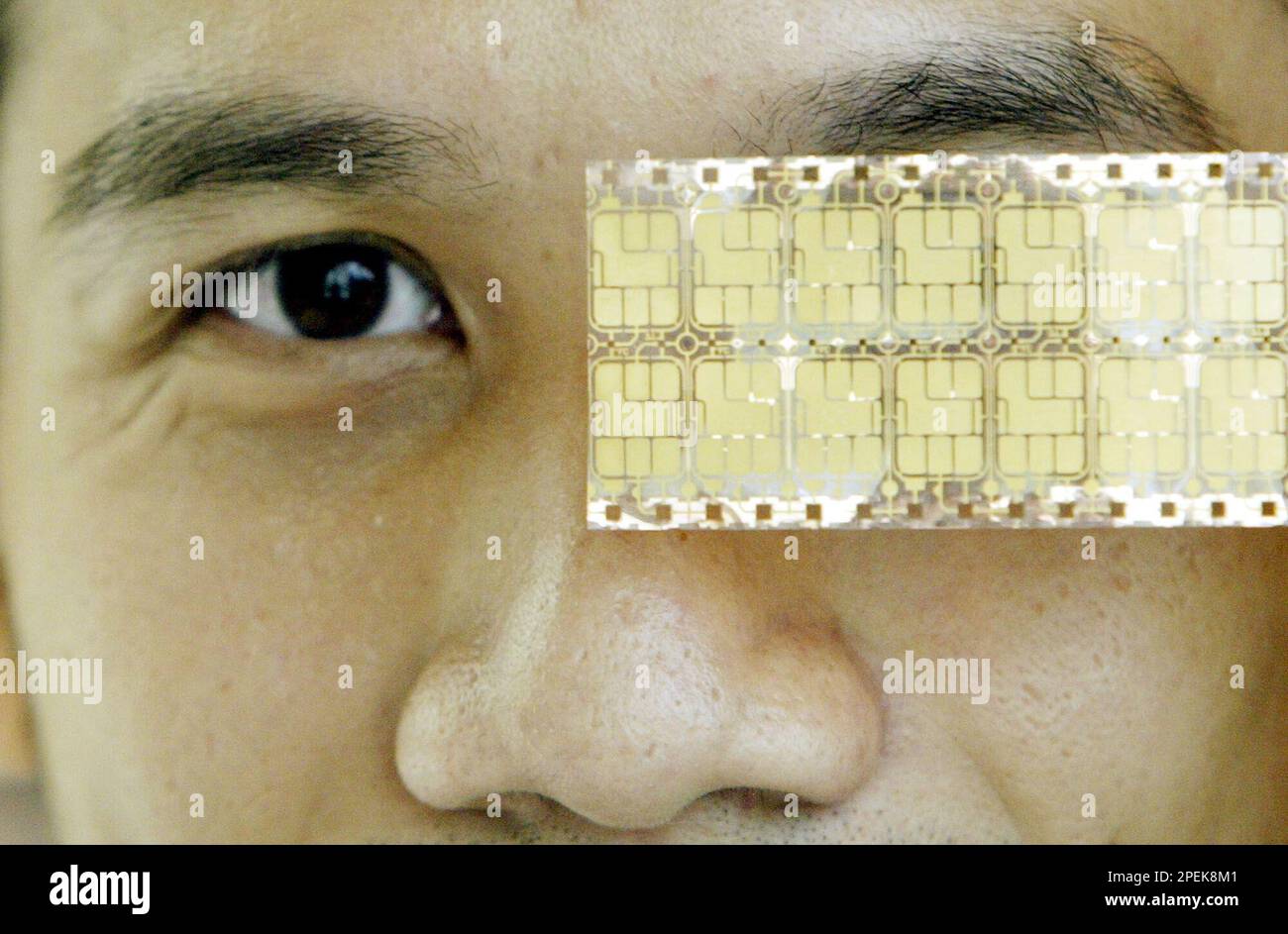 A man displays chips for encoding biometric data on identity cards and ...