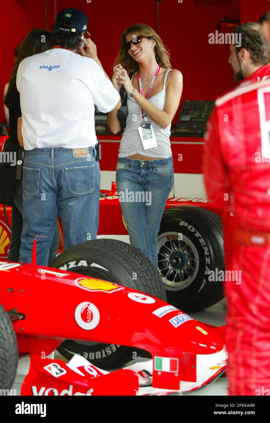 Brazilian super model Gisele Bundchen visits the pit of the Ferrari ...