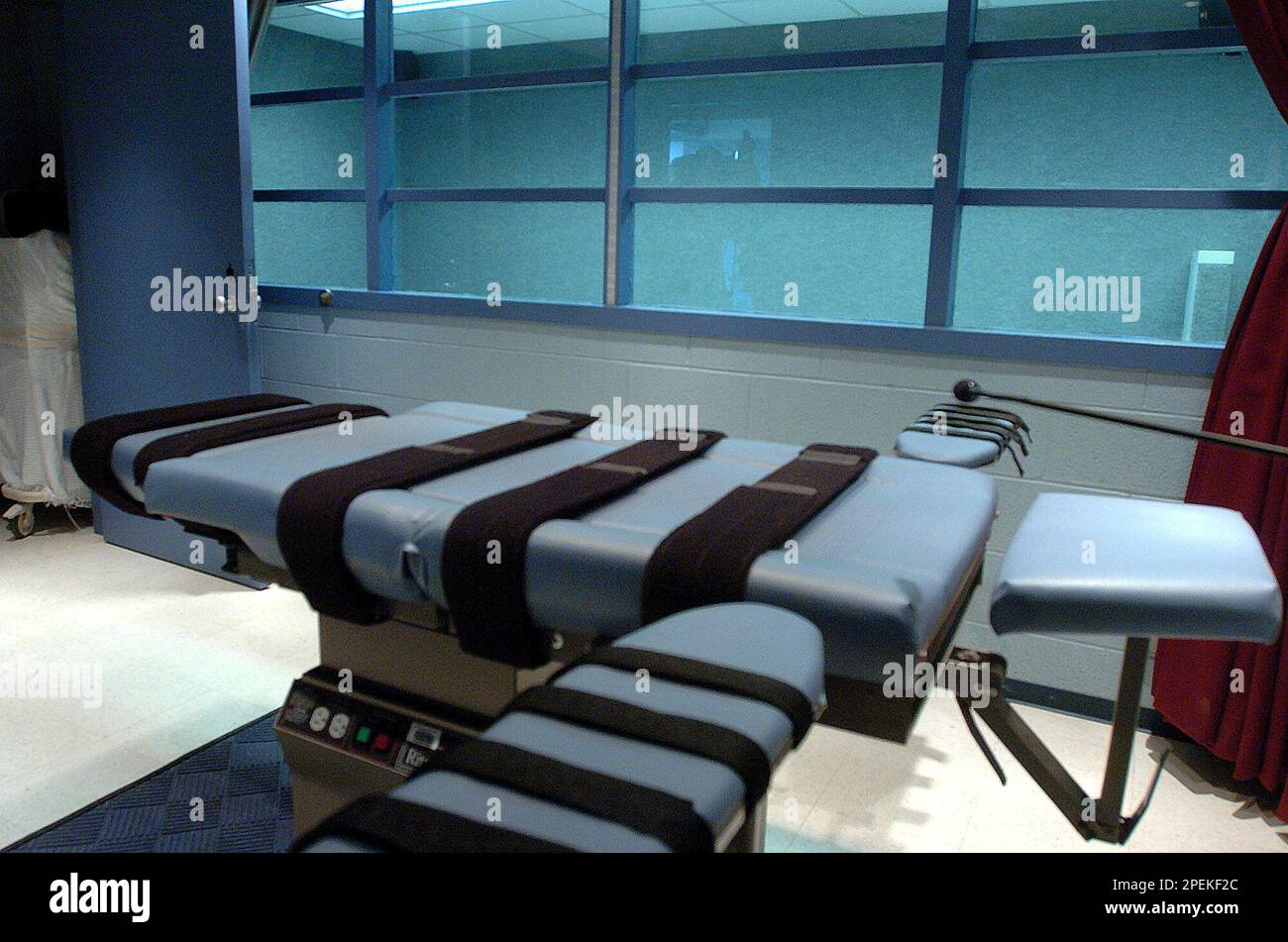 A hospital table, equipped with Velcro straps is shown in the chamber ...